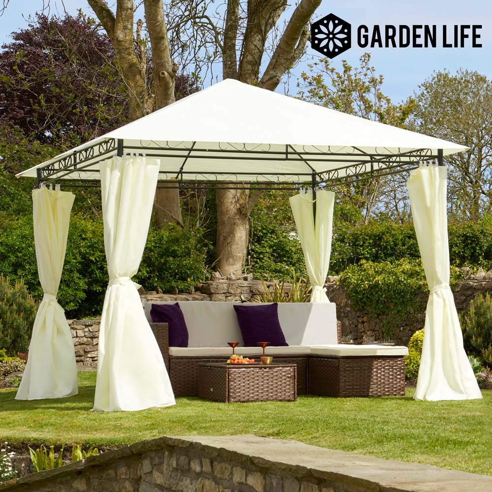 Garden Life 3x3m Metal Gazebo with Cream Roof and Curtains | Suttons